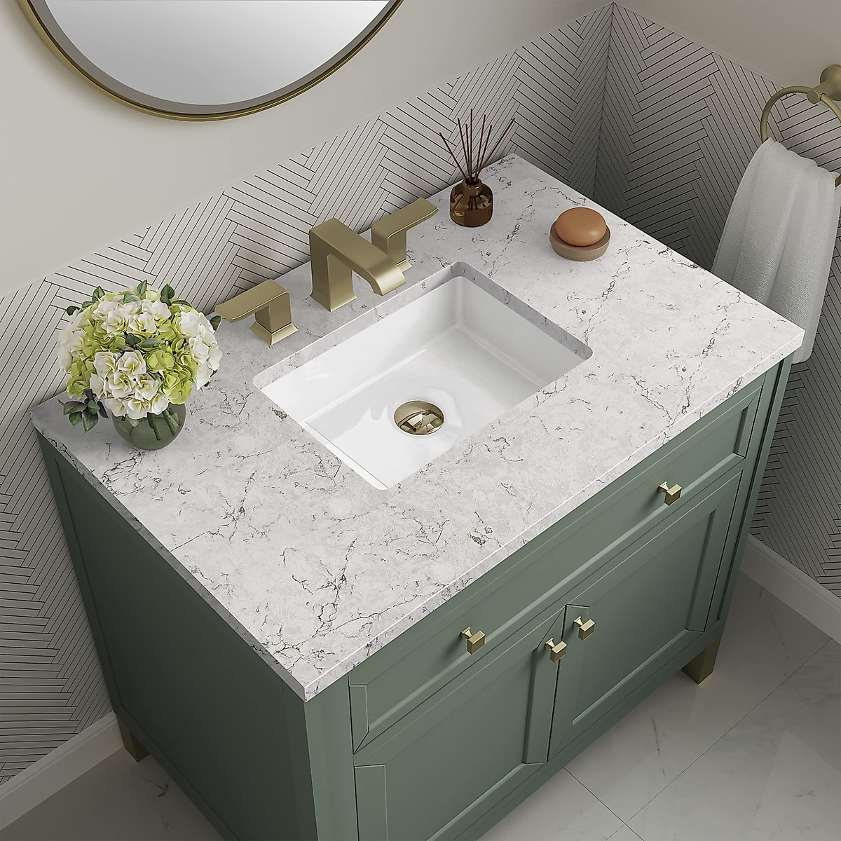 Chicago 36" Single Vanity, White Washed Walnut, with 3 CM Eternal Jasmine Pearl Quartz Top w/Sink