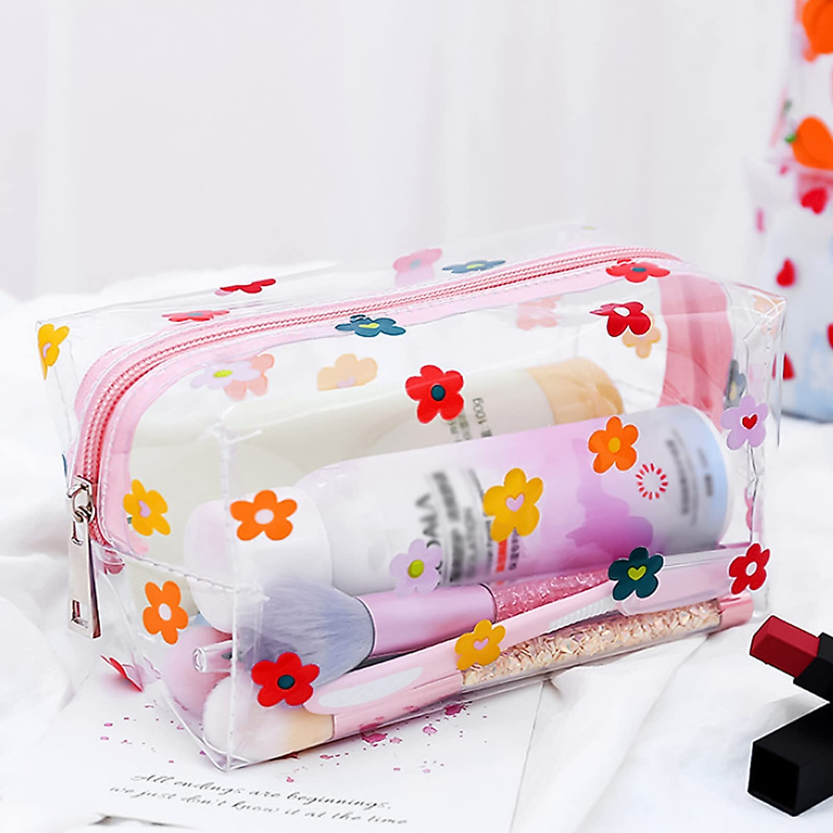 Cute Pencil Case Kawaii Pencil Pouch, Flowers Pencil Box Bag Clear Pen Case Organizer Holder, Large Capacity Girls Boys Stationery Storage Bag With Zipper for School Supplies, Travel, Office 3 Pack