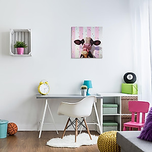 Stupell Industries Cute Baby Cow with Ice Cream Cone Pink Stripes, Designed by Lucia Heffernan Canvas Wall Art, 24x24, Brown