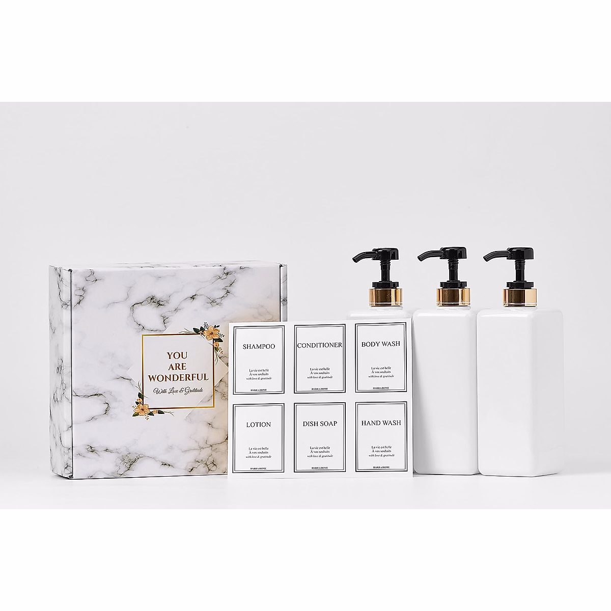 HARRA HOME Modern Gold Design Pump Bottle Set 27 oz Refillable Shampoo and Conditioner Dispenser Empty Shower Plastic Bottles with Pump for Bathroom Lotion Body wash Massage Oils, Pack of 3 (Black)