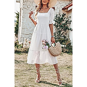 MEROKEETY Women's White Dress Summer Square Neck Puff Sleeve Boho Midi Dress Swiss Dot Ruffle Flowy Tie Back Dress, White, S