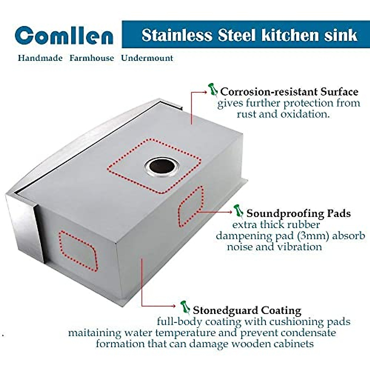 Comllen Commercial 33 Inch 304 Stainless Steel Farmhouse Sink, Single Bowl Kitchen Sink 16 Gauge 9 Inch Deep Handmade Undermount Kitchen Apron Sink Farm Sink