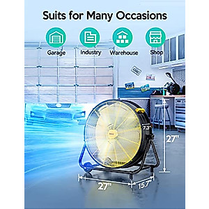 VAGKRI 24 Inch Industrial Drum Fan, 320W High Velocity Floor Fan, 3 Speed Heavy Duty Metal Air Circulator, 360° Tilt with Casters Handle ETL Standard for Patios, Warehouse, Commercial, Basement