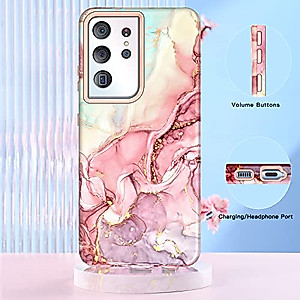 Btscase for Galaxy S21 Ultra Case, Marble Pattern 3 in 1 Heavy Duty Shockproof Full Body Rugged Hard PC+Soft Silicone Drop Protective Women Girl Covers for Samsung Galaxy S21 Ultra 6.8 inch, Rose Gold