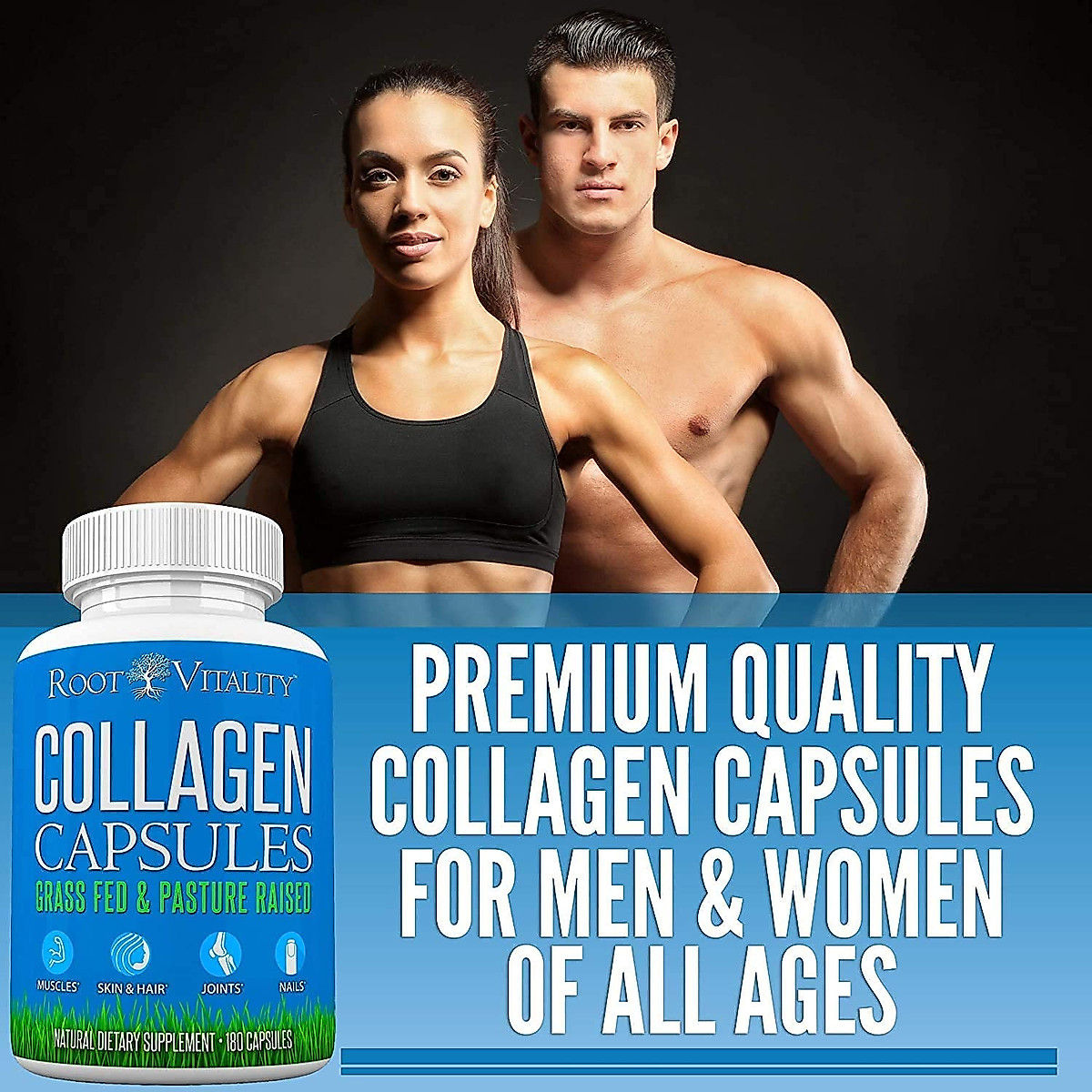 Root Vitality Collagen Peptides Capsules - Grass-Fed, Pasture-Raised Hydrolyzed Protein Supplement for Skin, Hair, & Nails - Non-GMO, Zero Sugar Daily Pills for Men & Women (180 Capsules)