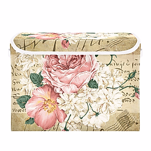Shabby Chic Pink Rose Storage Bin with Lid Large Oxford Cloth Storage Boxes Foldable Home Cube Baskets Closet Organizers for Nursery Bedroom Office
