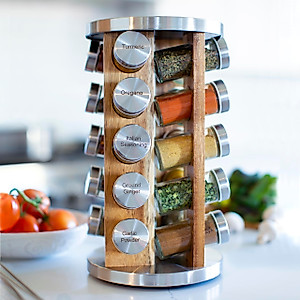 Orii 20 Jar Spice Rack with Spices Included - Tower Organizer for Kitchen Spices and Seasonings, Free Spice Refills for 5 Years (Natural Acacia Wood)