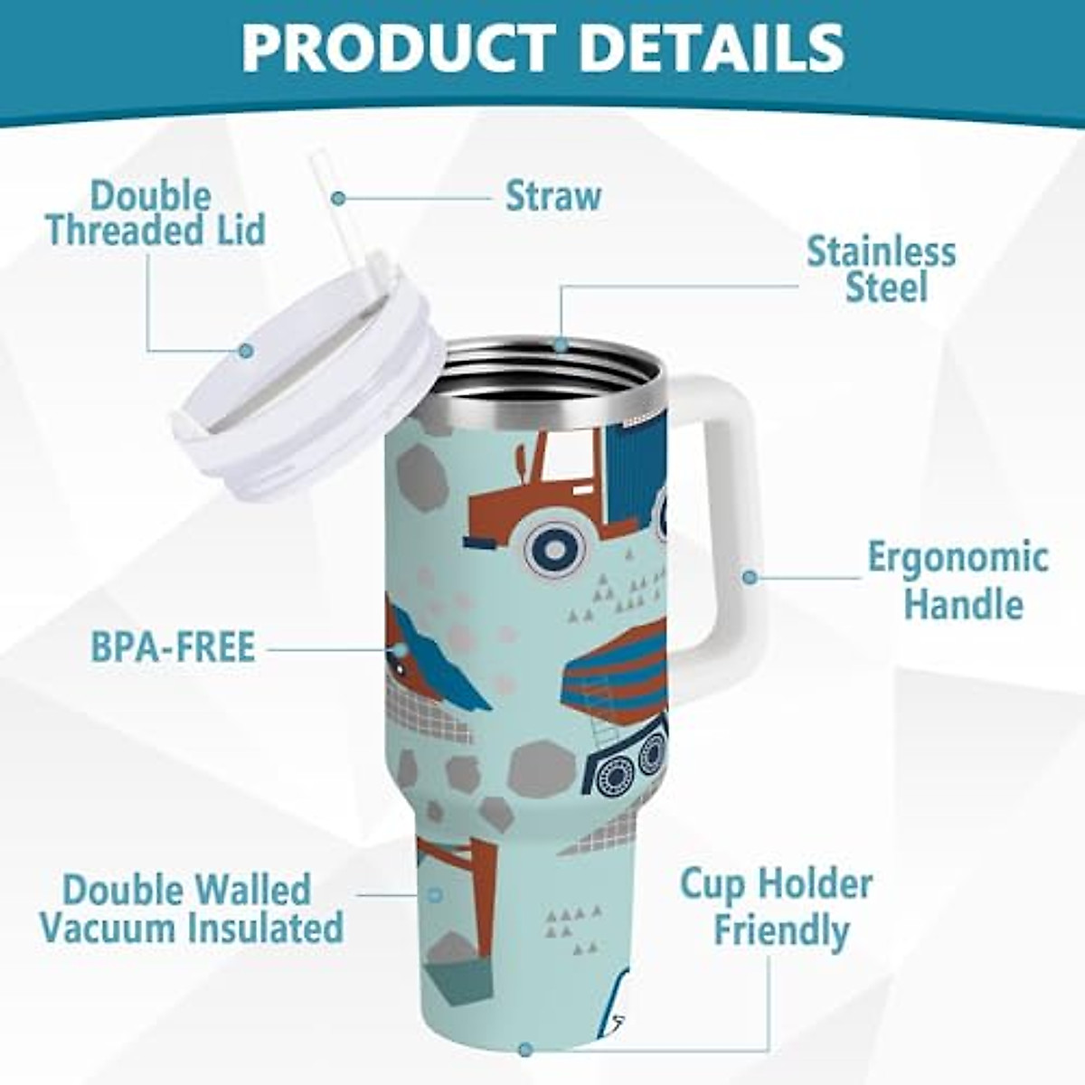 ARGTILDN 30 oz Tumbler Excavator Crane Tractor Insulated Travel Mug with Handle and Straw Lid Stainless Steel Vacuum Coffee Cup Tea Beverage Container Water Bottles for Car Sports office