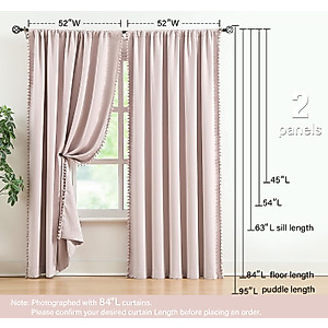 Pompom Blackout Curtains for Bedroom Pink Girls 84 inch Energy Efficient Thermal Insulated Living Room Darkening Curtain Panels for Kitchen Nursery Room 52" w x2 Panels Rod Pocket