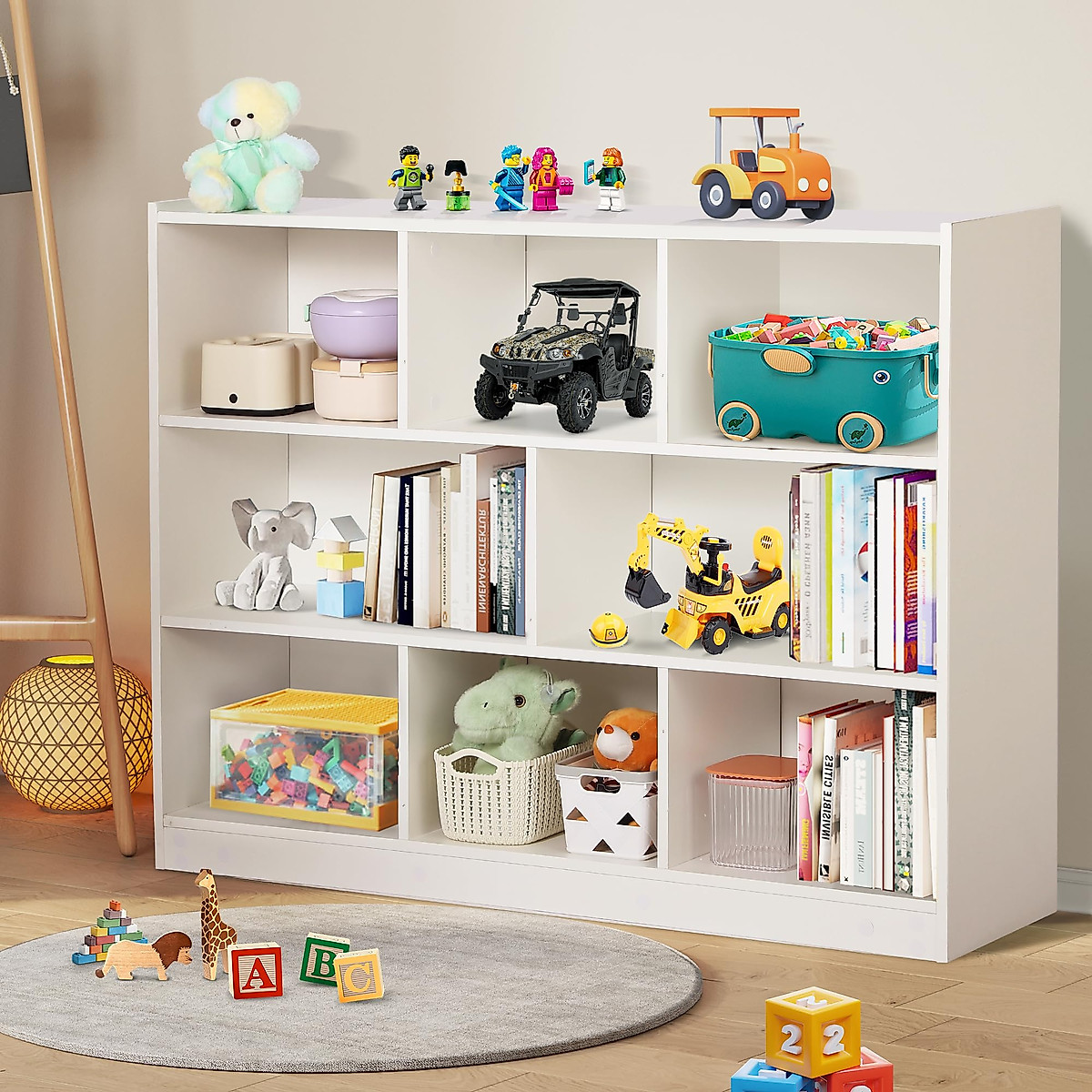 Grepatio Kids Bookshelf and Toy Storage Organizer, 3 Tier 8-Section Storage Daycare Shelf for Playroom, Children 3-Tier Open Wooden Display Book Shelf Organizer for Playroom, Classroom