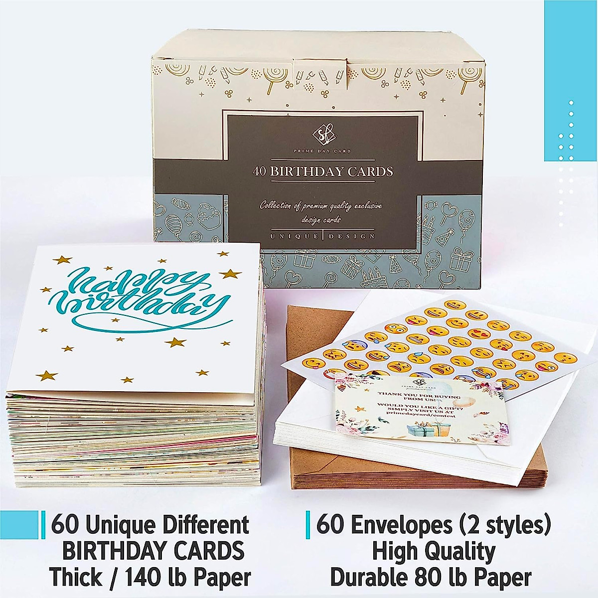 60 Happy Birthday Cards Assortment - Bday Cards in Bulk - 5x7 Assorted Variety Box Set Pack Unique Designs with Envelopes - Birthday Card for Men Women Kids - for Office - Greeting Message Inside