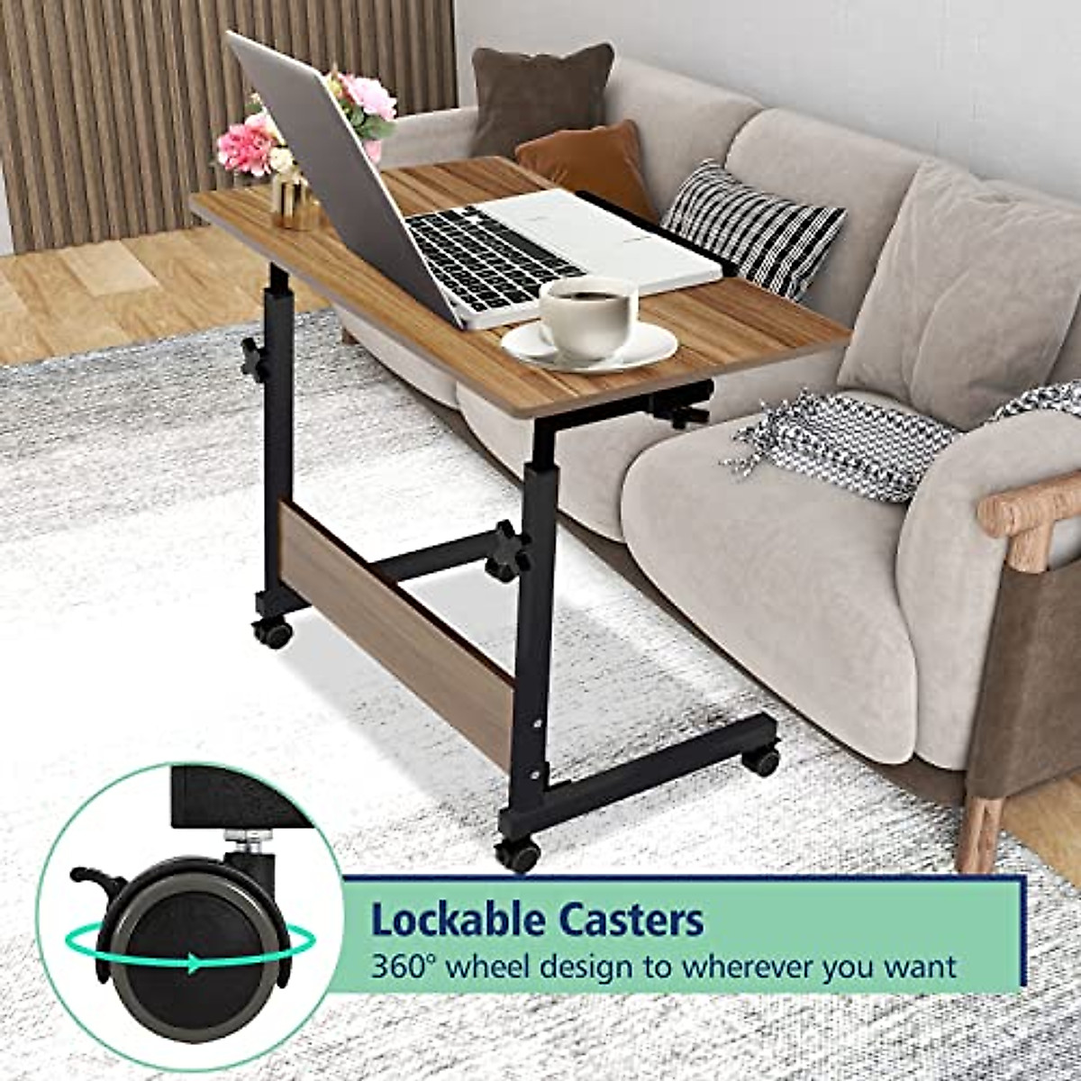 Laptop Cart 31.5" Mobile Table Movable Sofa Side Table with Tilt Tabletop Portable Tray Table for Home Office Height Adjustable Notebook Computer Workstation with Lockable Wheels (Oak)