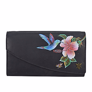 Anuschka Women’s Original Hand-Painted Leather RFID Blocking Accordion Flap Wallet, Hummingbird Black