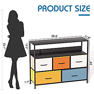 LLappuil Small TV Stand Dresser for Bedroom, Kids Dressers with 5 Fabric Storage Drawers for Clothes, Wide Dresser Chest of Drawers Nightstand TV Stand up to 45 inch, Multicolor