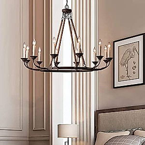 LOVEDIMA Vintage Flaxen Hemp Rope andMetal 12-Light Rustic Round Candelabra Chandelier in Rust