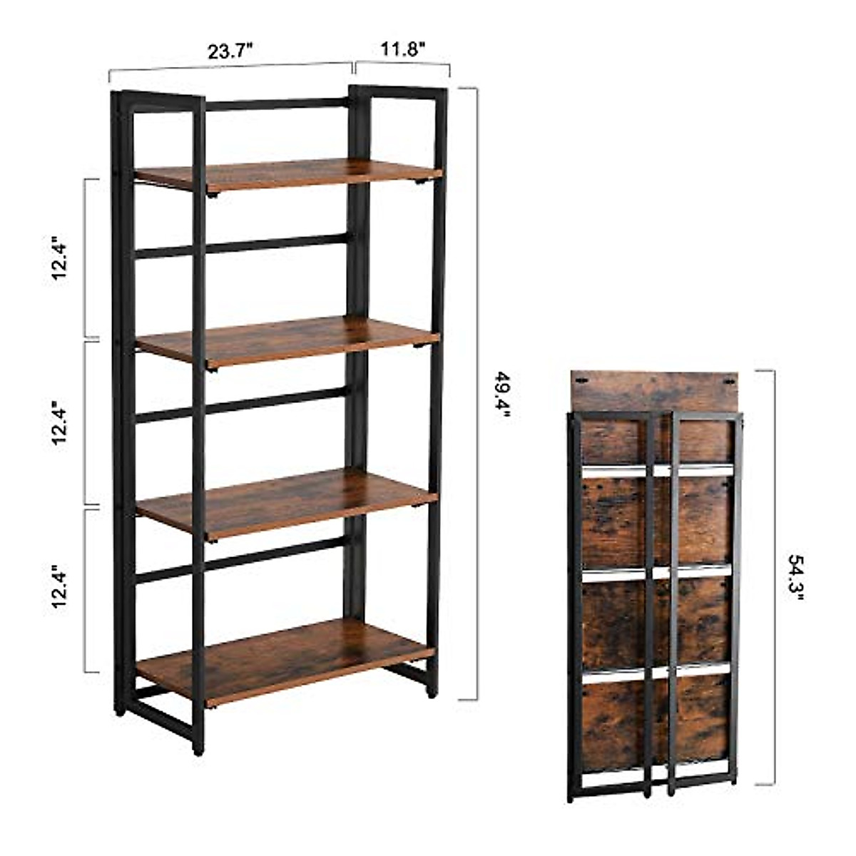 VASAGLE Industrial Bookshelf, Folding Bookcase, 4-Tier Ladder Shelf, Wood Look Accent Furniture with Metal Frame, for Home Office Sturdy and Stable ULLS88X