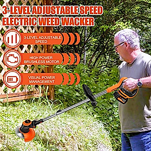 Brushless Motor Weed Eater, 3 Level Adjustable Speed Electric Weed Wacker Cordless Trimmer with Power Display, Portable Battery Powered Rechargeable Home Lawn Mower for Garden, Lawn, Yard