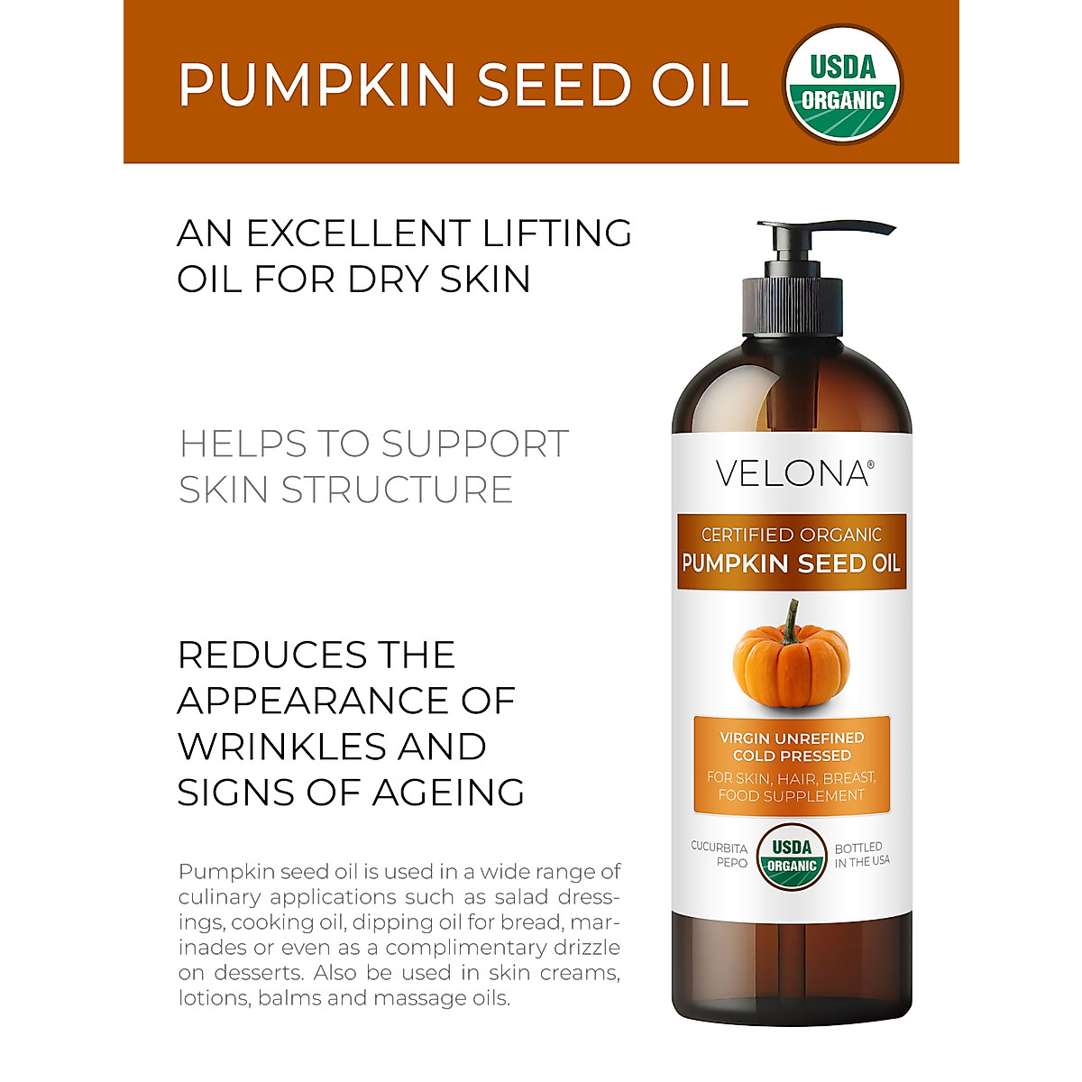 velona Pumpkin Seed Oil USDA Certified Organic - 8 fl oz | 100% Pure and Natural Carrier Oil | Unrefined, Cold Pressed