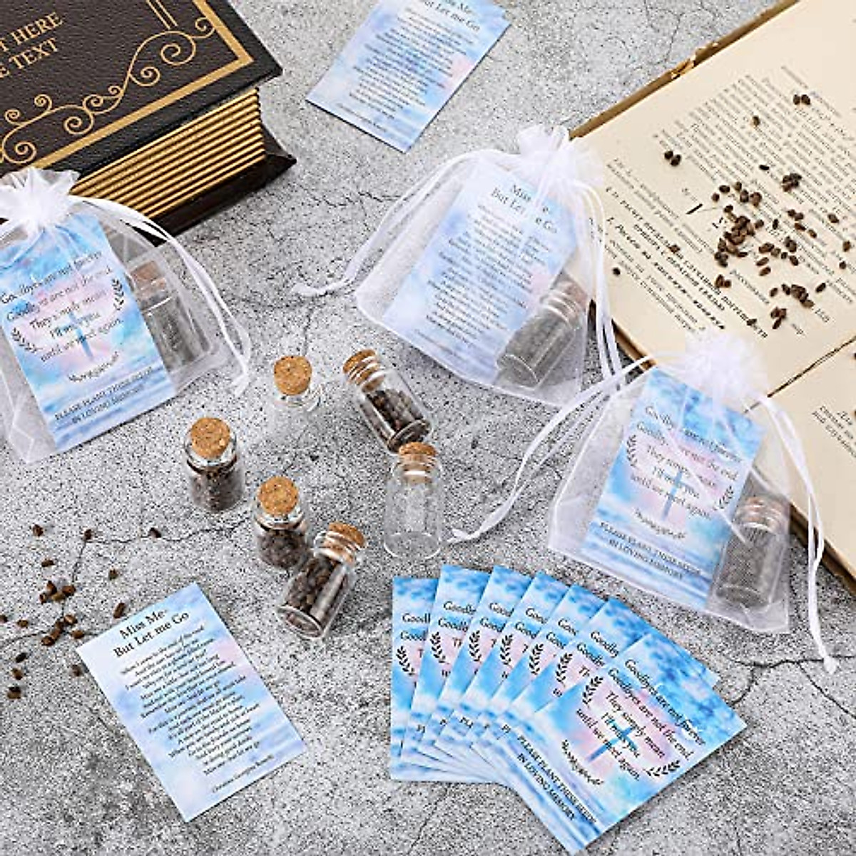 50 Sets Funeral Favors Set 50 Pcs Celebration of Life Prayer Cards for Memorial 50 Pcs Seeds Glass Bottles with Cork Stopper 50 Pcs Organza Bags for Funeral Bereavement Loss of Loved One