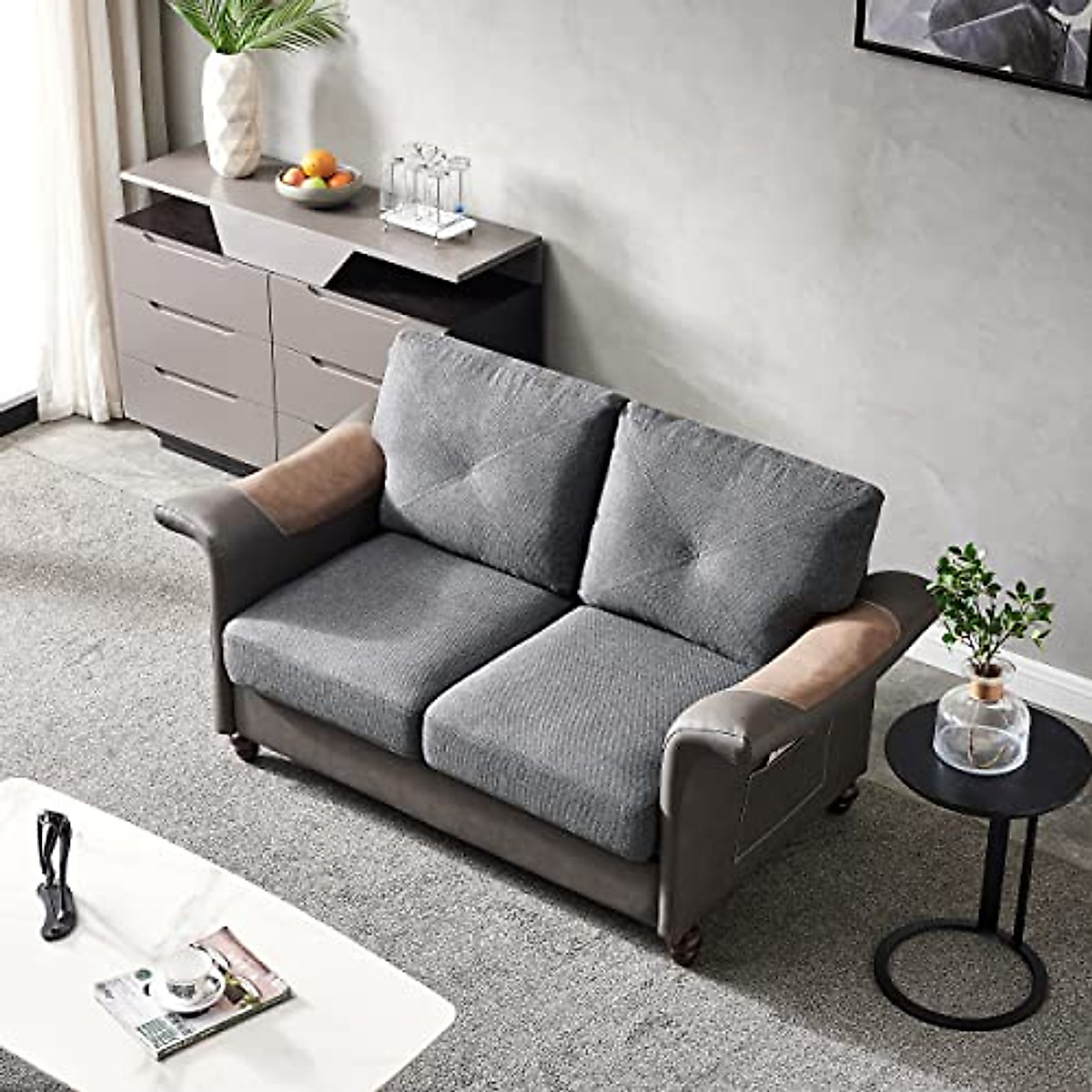 Mbolyeer Modern Upholstered Fabric Loveseat Sofa: 61.5" Mid Century 2 Seater Sofa - Linen Fabric Faux Leather Sofa Couch - Wood Legs - Small Spaces Bedroom Apartment Office Living Room,Dark Grey
