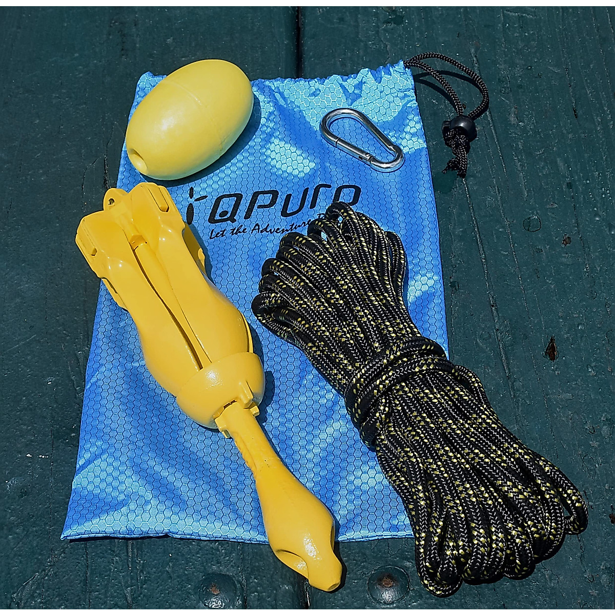 QPURO Kayak Anchor Kit - 3.5 lb Grapnel Anchor, Marine Anchor, Folding Anchor - Ideal for Kayak Fishing, Paddle Boards (SUP), PWC, Jet Ski's, Small Boats (Yellow)
