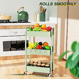 LEHOM 3 Tier Rolling Storage Cart, Metal Trolley Utility Cart with Wheels & Hooks, Easy Assembly Organizer Storage Cart for Bathroom Kitchen Office Bedroom (Green)