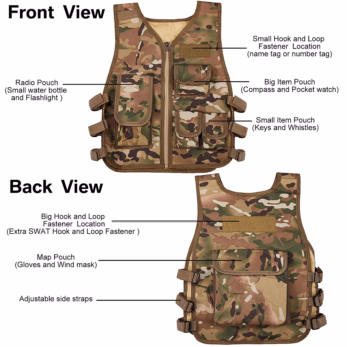 SATINIOR Kids Tactical Vest Army Combat Vest Outdoor with Half Finger Fingerless Short Gloves Breathable (Camouflage Style)
