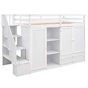 BIADNBZ Functional Twin Size Loft Bed with 3 Shelves, 2 Wardrobes and 2 Drawers,Wooden Bedframe with Storage Stairs for Teens/Bedroom,White