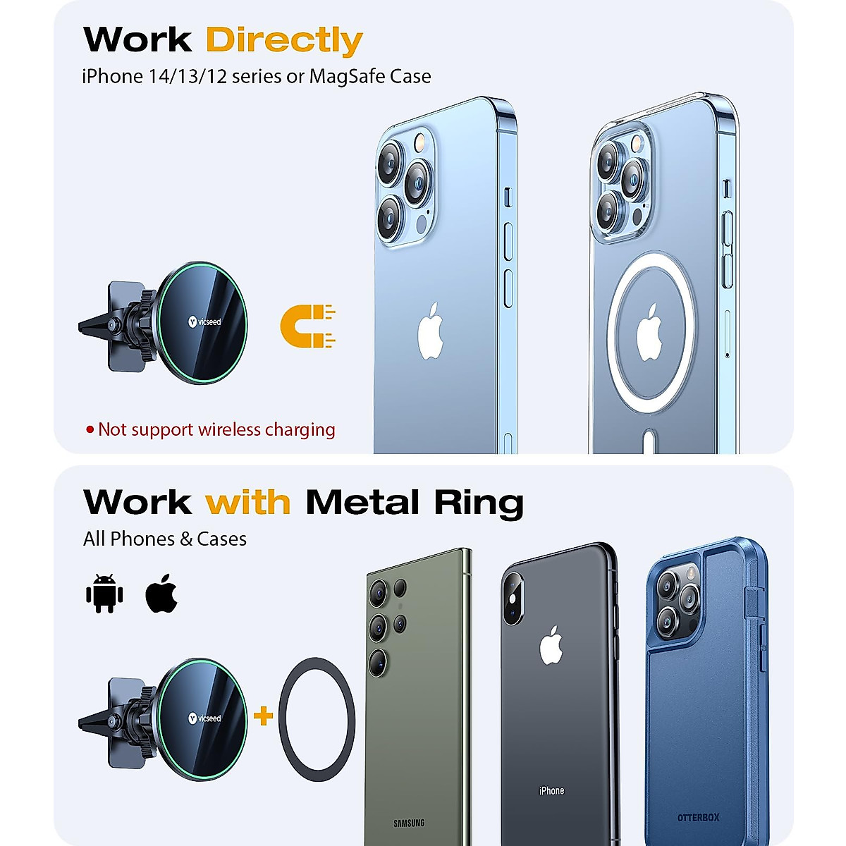 VICSEED for MagSafe Car Mount Vent,【Fluorescence Design】【Strong Magnet Power】 Stable Magnetic Phone Holder for Car, Hands Free Magnet Car Phone Holder Mount for iPhone 15 Pro Max 14 13 12 Samsung