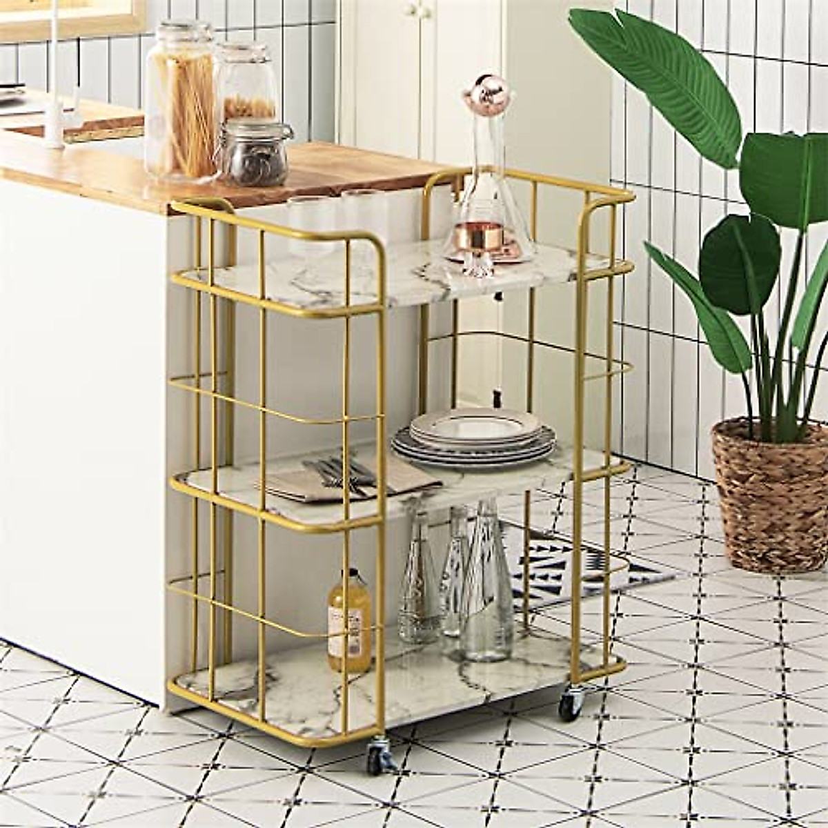 JYDQM Kitchen Shelf Wheels Trolley Bathroom Gap Rack Sundries Storage 3-Tier Storage Utility Cart Gold Rolling