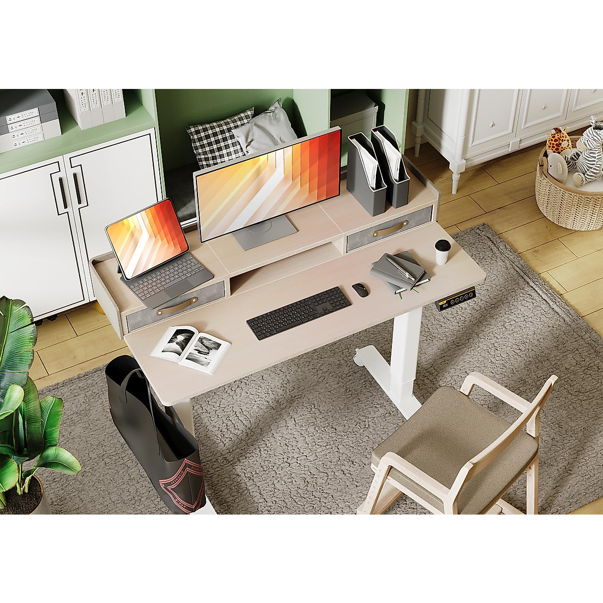 Claiks Standing Desk with Drawers, Stand Up Electric Standing Desk Adjustable Height, Sit Stand Desk with Storage Shelf and Splice Board, 48 Inch, Natural