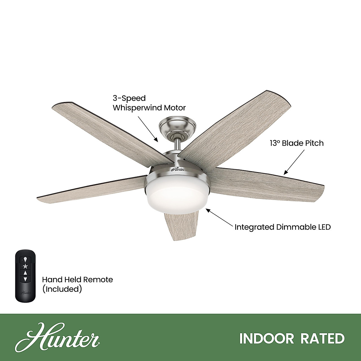 Hunter Fan 52 inch Contemporary Brushed Nickel Indoor Ceiling Fan with Light Kit and Remote Control (Renewed)