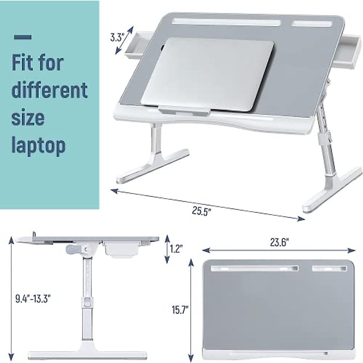 Laptop Bed Tray Desk, Adjustable PVC Leather Bed Table 2 Drawer, Portable Laptop Lap Desk with Foldable Legs for Bed Sofa Couch Floor, Supplies for Online Working, Study