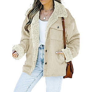 Dokotoo 2024 Fashion Trucker Shacket Jacket for Women Thick Sherpa Lined Fleece Fur Collar Button Down Long sleeve Outwear Winter Fall Warm Coat with Pocket Apricot M