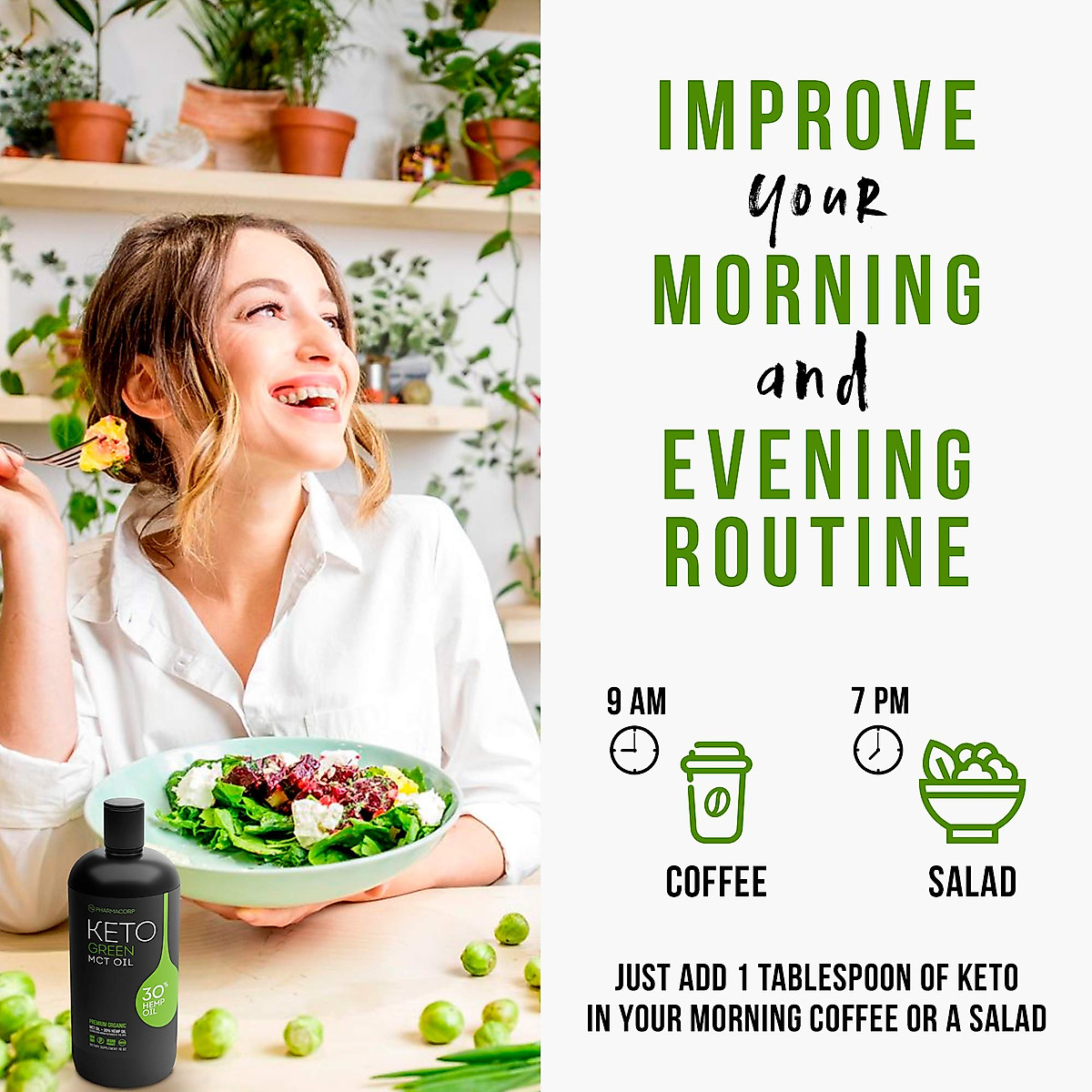 100% Organic MCT Oil for Vegan - Derived only from Non-GMO Hawaiian Coconuts - Includes Omega 3,6,9 and Vitamic C, E (3-in-1) - US Made - Great in Keto Salad Dressings