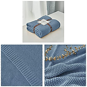 Queenshin 100% Cotton Cozy Cable Knit Throw, Lightweight Fluffy Snuggle Bed Sofa Decorative Knitted Blanket 50 * 60 Inch, Blue
