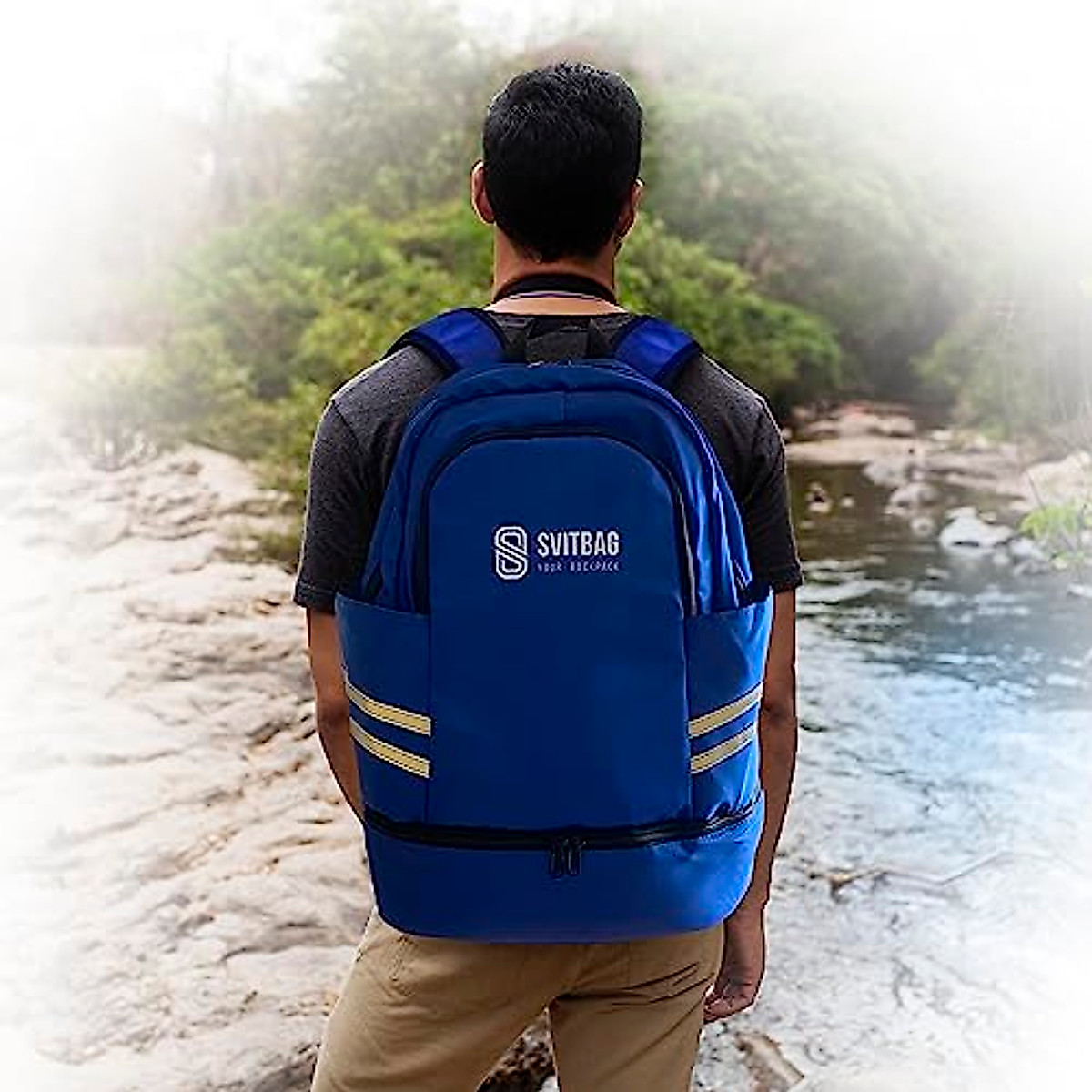 Svitbag Blue Large Waterproof Sports Backpack 35.5L Capacity Polyester Fabric Reflective Side Stripes, Multiple Compartments, Laptop and Phone Pockets - Best for Gym