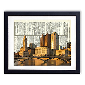 Columbus Ohio Color Skyline Vintage Dictionary Art Print, Antique Wall Art Home Decor, Modern Boho Poster, Farmhouse Decoration Living Room Bedroom Office 8x10 Inches, Ready To Frame
