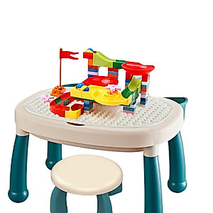 la-belle-vie 6-in-1 Activity Table for Kids, Sand/Water Table for Toddlers 1-3, Kids Table and Chair Set with Storage, 70 pcs Marble Run Building Blocks Classic Big Blocks (White)