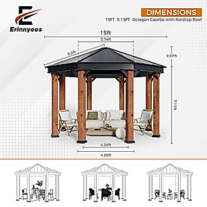 Erinnyees 15' x 15' Gazebo, Hardtop Gazebo Wood-Looking Octagon Gazebo with Galvanized Steel Double Roof, Aluminum Frame, Outdoor Patio Gazebo for Deck, Backyard, Patio, Lawns