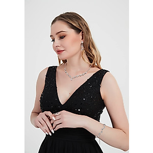 UDYLGOON Crystal Necklace Earrings Bracelet Jewelry Set Bride Bridesmaid Wedding Prom Party (Silver)