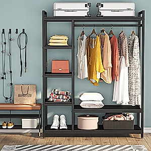 LITTLE TREE Free -Standing Closet Organizer,Heavy Duty Closet Storage with 6 Shelves and Hanging Bar, Large Clothes Storage & Standing Garmen Rack, Black