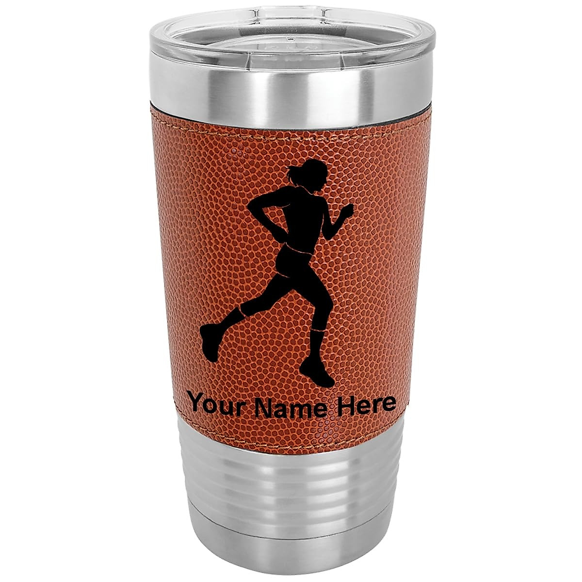 LaserGram 20oz Vacuum Insulated Tumbler Mug, Running Woman, Personalized Engraving Included (Faux Leather, Basketball Style)