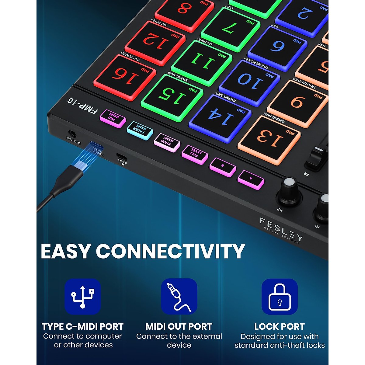 Fesley MIDI Controller Professional, Beat Maker Machine with 16 Beat Pads, MPC with 2 Assignable Fader & Knobs, Portable MIDI Pad Controller, Beat Machine for Music Making