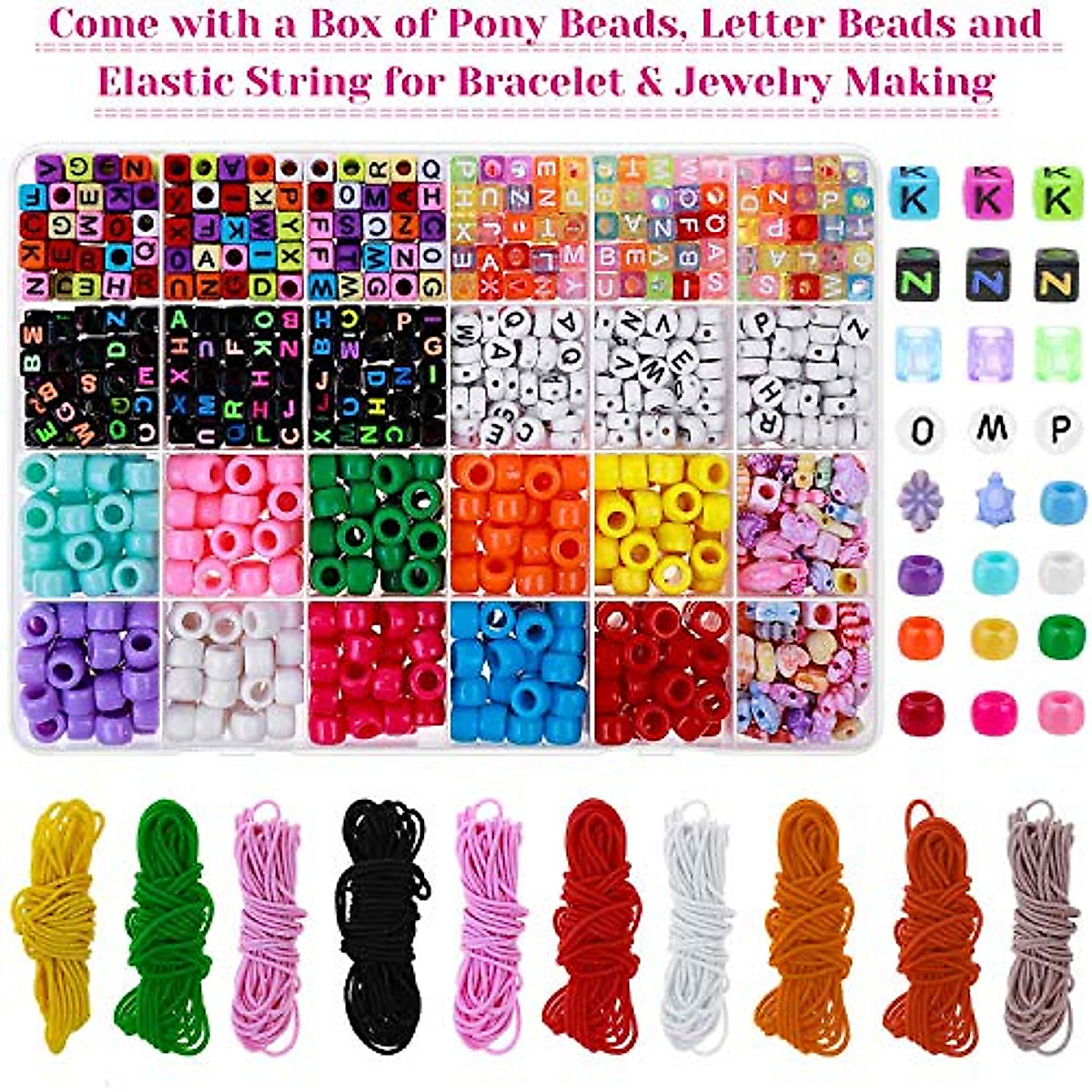 Bead Bracelet Making Kit, Shynek Bead Friendship Bracelets Kit with Pony Beads Letter Beads Charm Beads and Elastic String for Bracelet and Jewelry Making