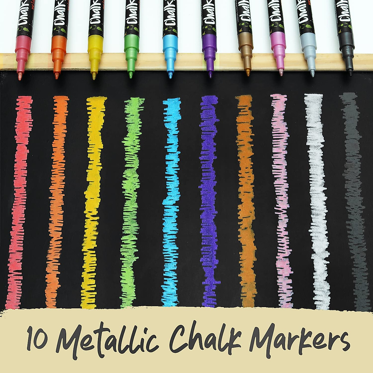 Extra Fine Tip Metallic Chalk Markers (10 Pack, 1mm) Liquid Chalk Pens - For Blackboards, Chalkboard, Bistro Menu, Window - Wet Wipe Erasable