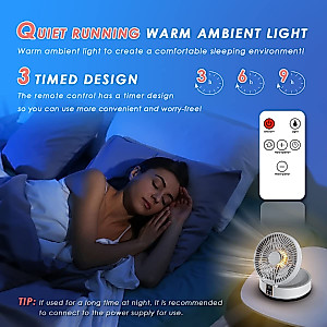 Folding Fan for Bedroom with Reomte, Folding Desk Fan with HD Digital Display, Oscillating Fan with Night Light, Portable Wall Mount Fan 3 Speeds, Quiet Office Fan 120° Rotate USB Rechargeable