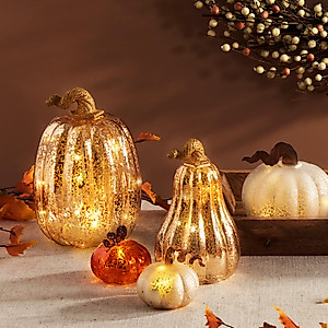 LampLust Gold Glass Pumpkin with Lights - Set of 3, Mercury Glass Style, Batteries Included, Thanksgiving Harvest Decorations, Timer, LED Lighted Gold Pumpkins for Decorating Fall Decor