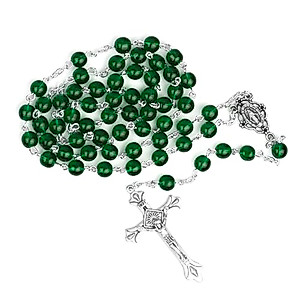 TrueFaithJewelry 6mm Round Crystal Glass Holy Rosary Prayer Beads Necklace with Jesus Crucifix Cross and Our Lady Of Grace Miraculous Virgin Mary, for Women and Men, 17.5-Inch, Green/Silver
