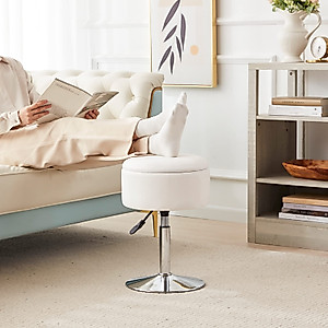 RUCUKEN Adjustable Ottoman Stool White Vanity Stool Vanity Chair for Makeup Room Stool Chair for Vanity Stool with Storage Makeup Stools with Storage Swivel Makeup Chair for Bathroom Faux Leather